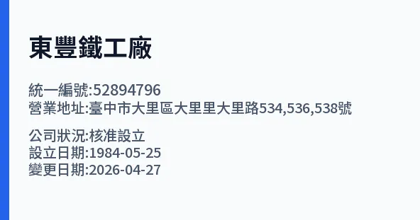 東豐鐵工廠的照片-統編 52894796(臺中市) 公司登記資料與營業項目詳細圖表