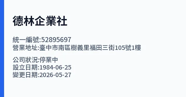 德林企業社的照片-統編 52895697(臺中市) 公司登記資料與營業項目詳細圖表