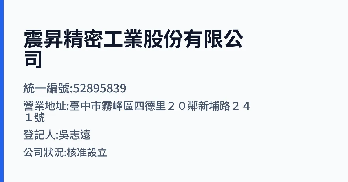 震昇精密工業股份有限公司 - 統編 52895839(臺中市) 公司登記資料與營業項目詳細圖表