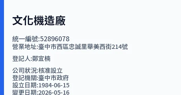文化機造廠的照片-統編 52896078(臺中市) 公司登記資料與營業項目詳細圖表