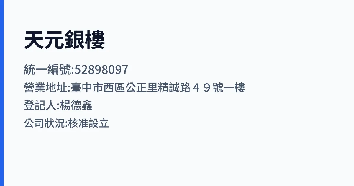 天元銀樓 - 統編 52898097(臺中市) 公司登記資料與營業項目詳細圖表