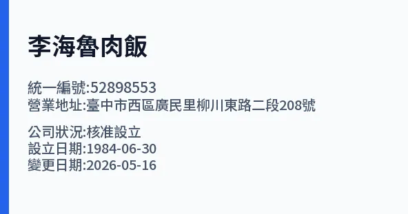 李海魯肉飯的照片-統編 52898553(臺中市) 公司登記資料與營業項目詳細圖表