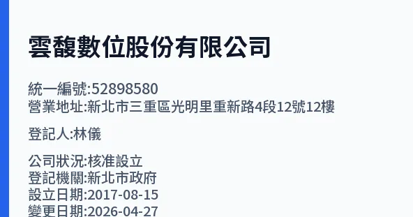 雲馥數位股份有限公司的照片-統編 52898580(新北市) 公司登記資料與營業項目詳細圖表