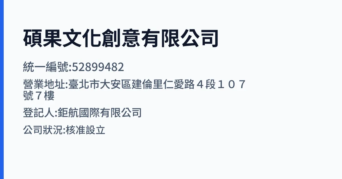 碩果文化創意有限公司 - 統編 52899482(臺北市) 公司登記資料與營業項目詳細圖表