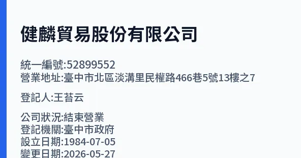 健麟貿易股份有限公司的照片-統編 52899552(臺中市) 公司登記資料與營業項目詳細圖表