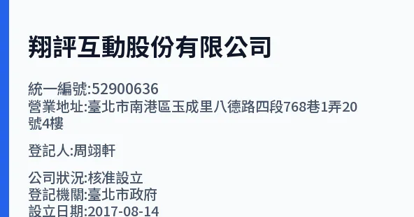 翔評互動股份有限公司的照片-統編 52900636(臺北市) 公司登記資料與營業項目詳細圖表