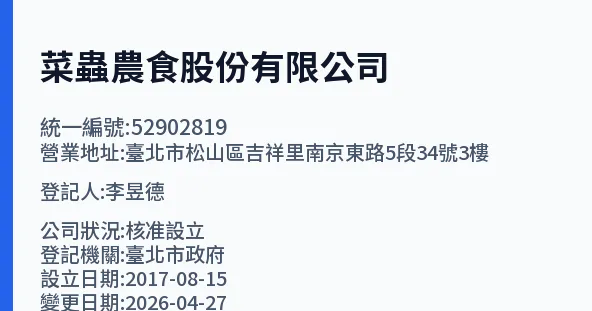 菜蟲農食股份有限公司的照片-統編 52902819(臺北市) 公司登記資料與營業項目詳細圖表