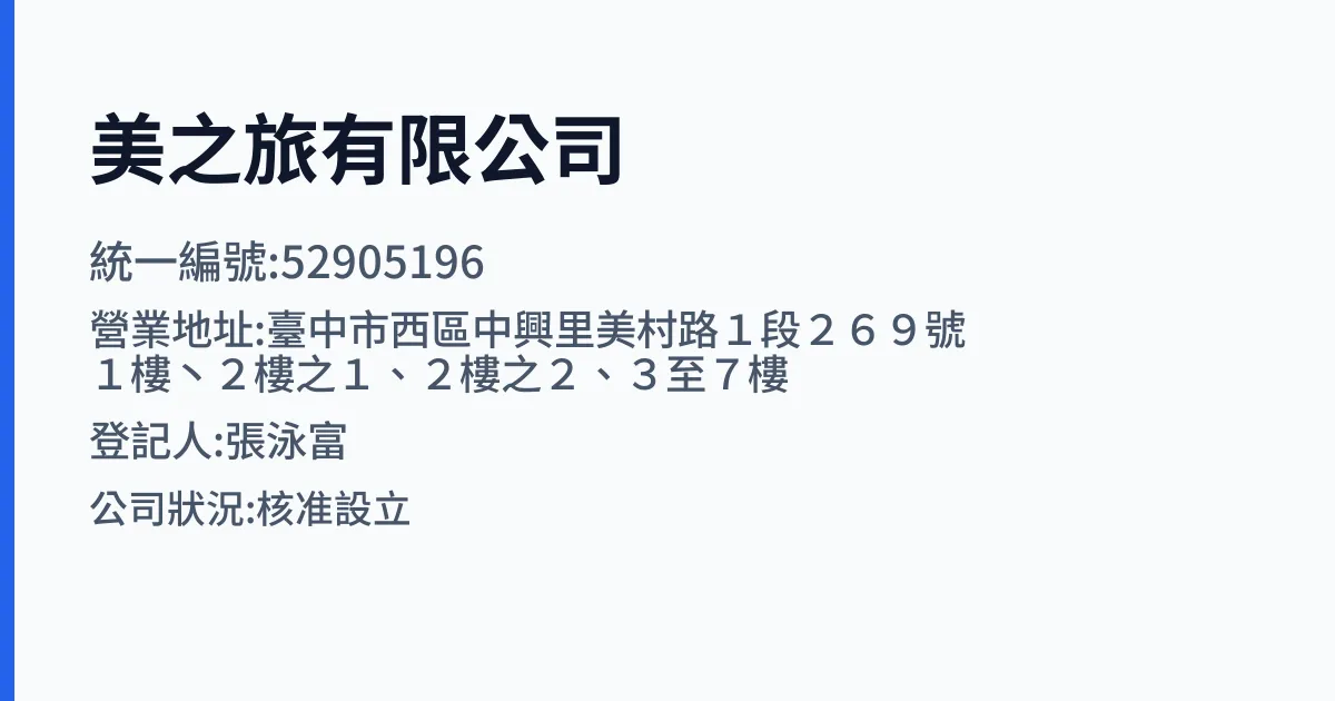 美之旅有限公司 - 統編 52905196(臺中市) 公司登記資料與營業項目詳細圖表