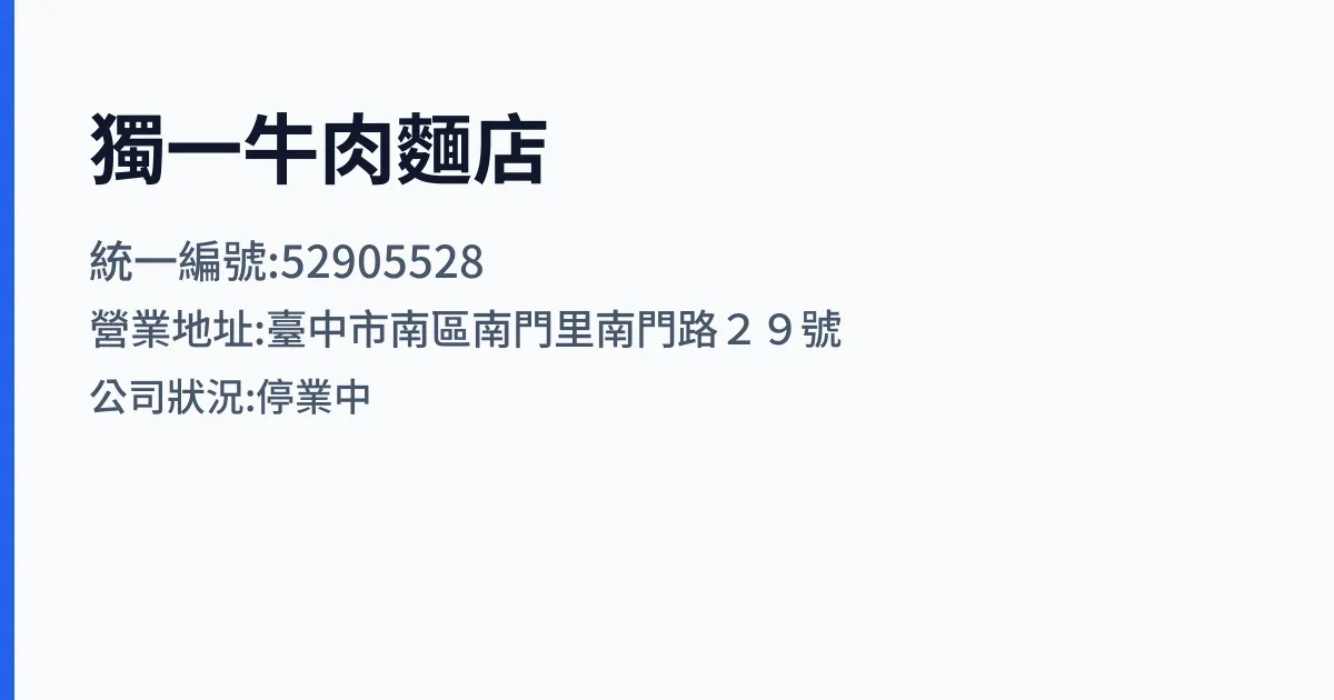 獨一牛肉麵店 - 統編 52905528(臺中市) 公司登記資料與營業項目詳細圖表
