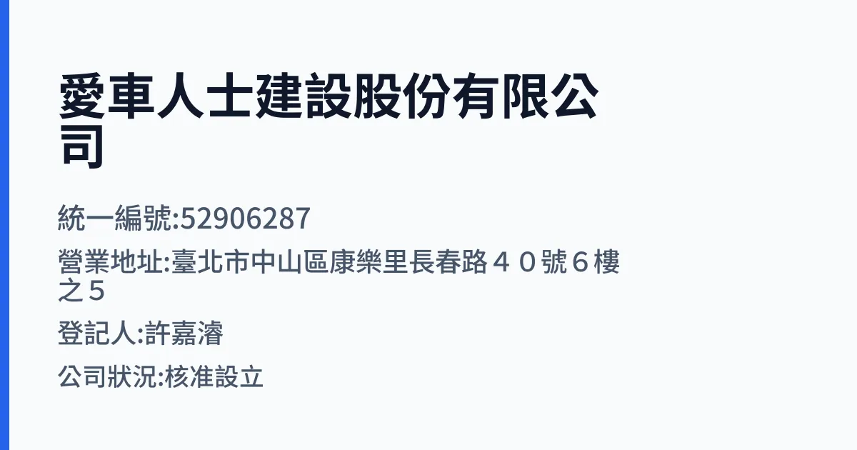愛車人士建設股份有限公司 - 統編 52906287(臺北市) 公司登記資料與營業項目詳細圖表