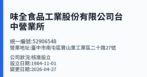 味全食品工業股份有限公司台中營業所的照片-統編 52906548(臺中市) 公司登記資料與營業項目詳細圖表