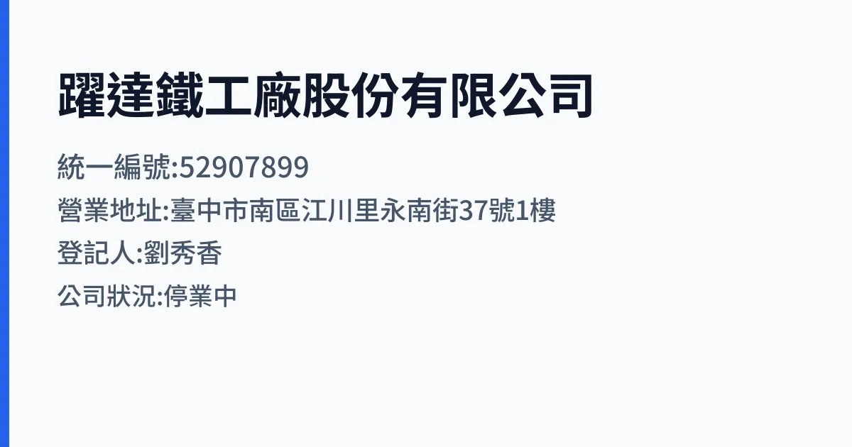 躍達鐵工廠股份有限公司 - 統編 52907899(臺中市) 公司登記資料與營業項目詳細圖表