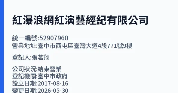 紅瀑浪網紅演藝經紀有限公司的照片-統編 52907960(臺中市) 公司登記資料與營業項目詳細圖表