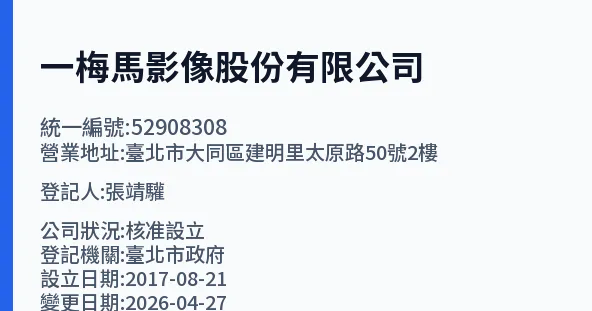 一梅馬影像股份有限公司的照片-統編 52908308(臺北市) 公司登記資料與營業項目詳細圖表