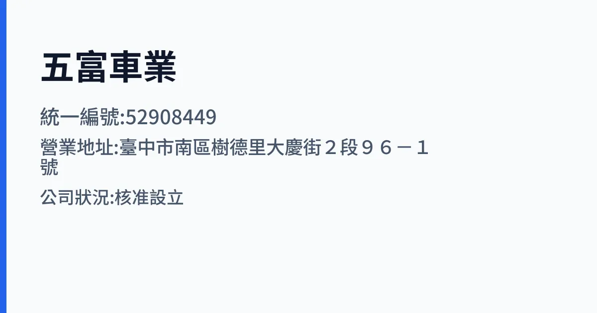 五富車業 - 統編 52908449(臺中市) 公司登記資料與營業項目詳細圖表