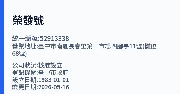 榮發號的照片-統編 52913338(臺中市) 公司登記資料與營業項目詳細圖表