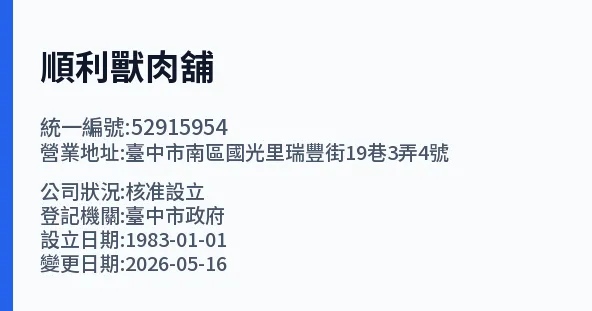 順利獸肉舖的照片-統編 52915954(臺中市) 公司登記資料與營業項目詳細圖表