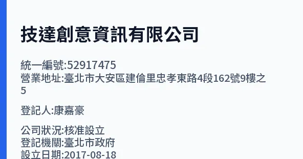 技達創意資訊有限公司的照片-統編 52917475(臺北市) 公司登記資料與營業項目詳細圖表