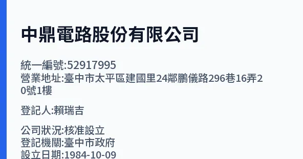 中鼎電路股份有限公司的照片-統編 52917995(臺中市) 公司登記資料與營業項目詳細圖表