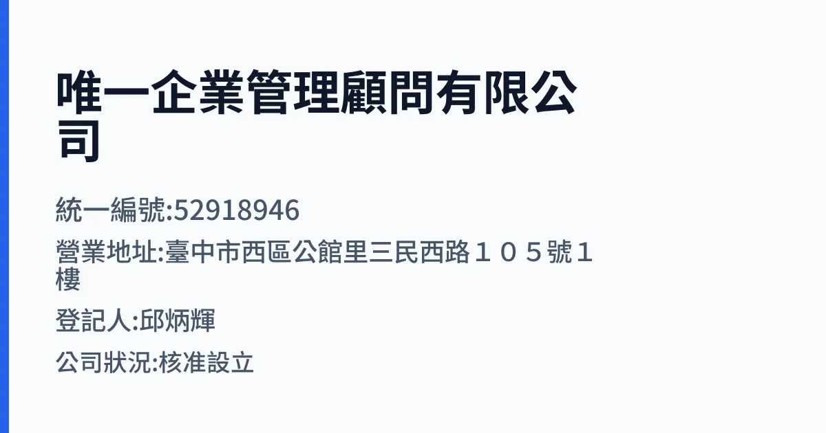 唯一企業管理顧問有限公司 - 統編 52918946(臺中市) 公司登記資料與營業項目詳細圖表