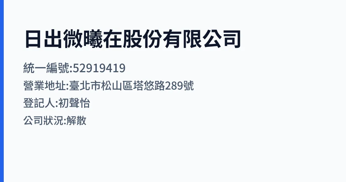 日出微曦在股份有限公司 - 統編 52919419(臺北市) 公司登記資料與營業項目詳細圖表