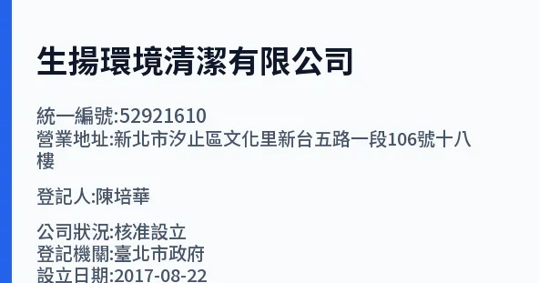 生揚環境清潔有限公司的照片-統編 52921610(新北市) 公司登記資料與營業項目詳細圖表
