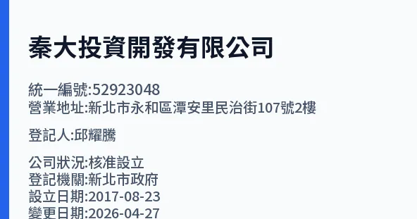 秦大投資開發有限公司的照片-統編 52923048(新北市) 公司登記資料與營業項目詳細圖表