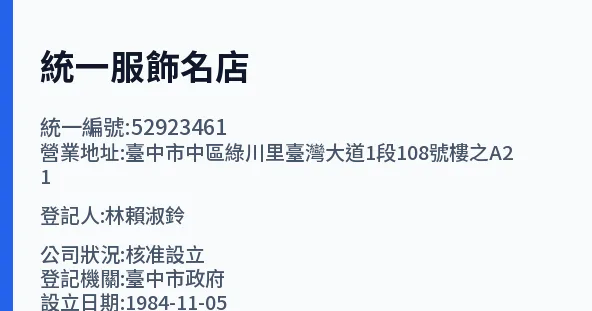 統一服飾名店的照片-統編 52923461(臺中市) 公司登記資料與營業項目詳細圖表