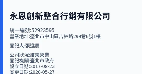 永恩創新整合行銷有限公司的照片-統編 52923595(臺北市) 公司登記資料與營業項目詳細圖表