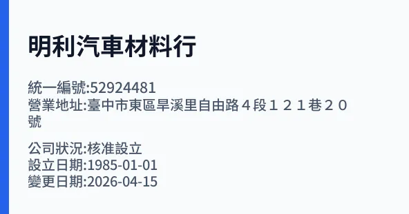 明利汽車材料行的照片-統編 52924481(臺中市) 公司登記資料與營業項目詳細圖表