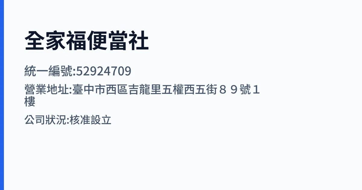 全家福便當社 - 統編 52924709(臺中市) 公司登記資料與營業項目詳細圖表