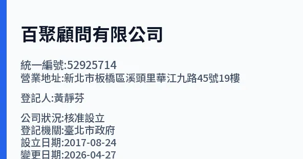 百聚顧問有限公司的照片-統編 52925714(新北市) 公司登記資料與營業項目詳細圖表