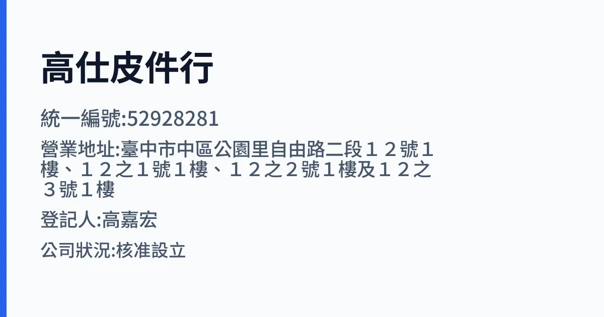 高仕皮件行 - 統編 52928281(臺中市) 公司登記資料與營業項目詳細圖表