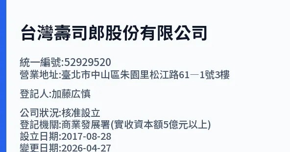台灣壽司郎股份有限公司的照片-統編 52929520(臺北市) 公司登記資料與營業項目詳細圖表