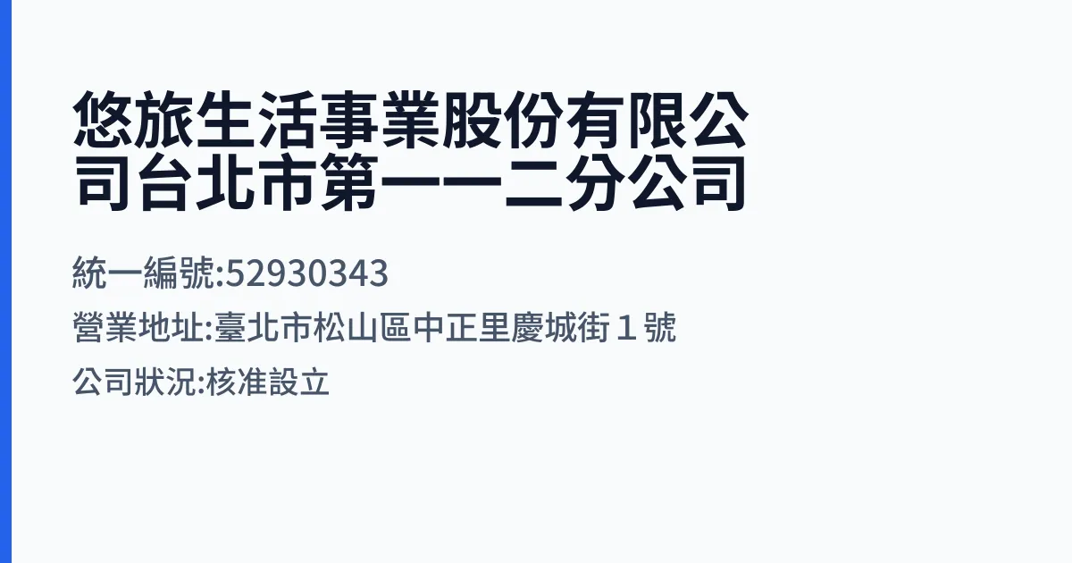 悠旅生活事業股份有限公司台北市第一一二分公司 - 統編 52930343(臺北市) 公司登記資料與營業項目詳細圖表