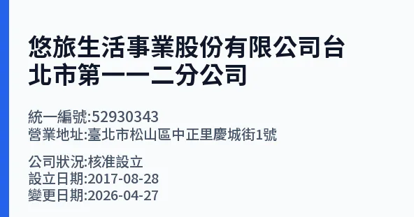 悠旅生活事業股份有限公司台北市第一一二分公司的照片-統編 52930343(臺北市) 公司登記資料與營業項目詳細圖表