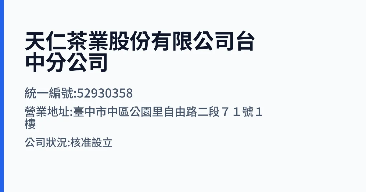 天仁茶業股份有限公司台中分公司 - 統編 52930358(臺中市) 公司登記資料與營業項目詳細圖表