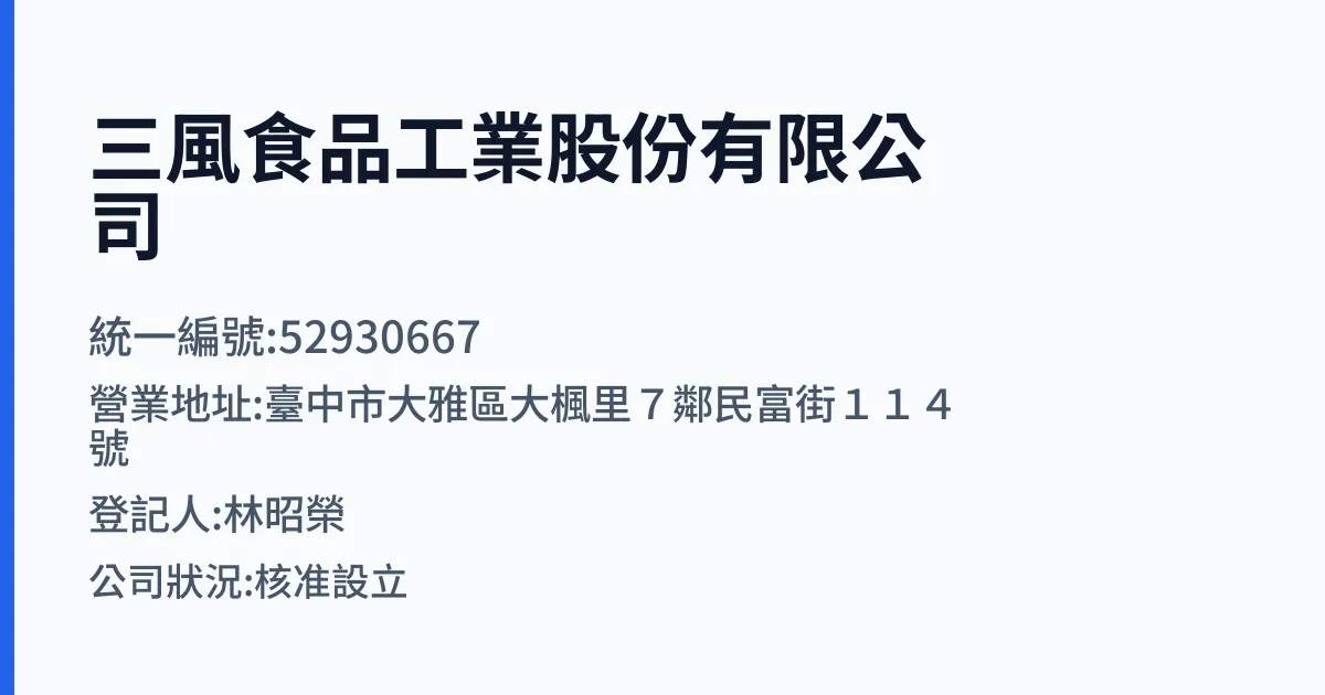 三風食品工業股份有限公司 - 統編 52930667(臺中市) 公司登記資料與營業項目詳細圖表