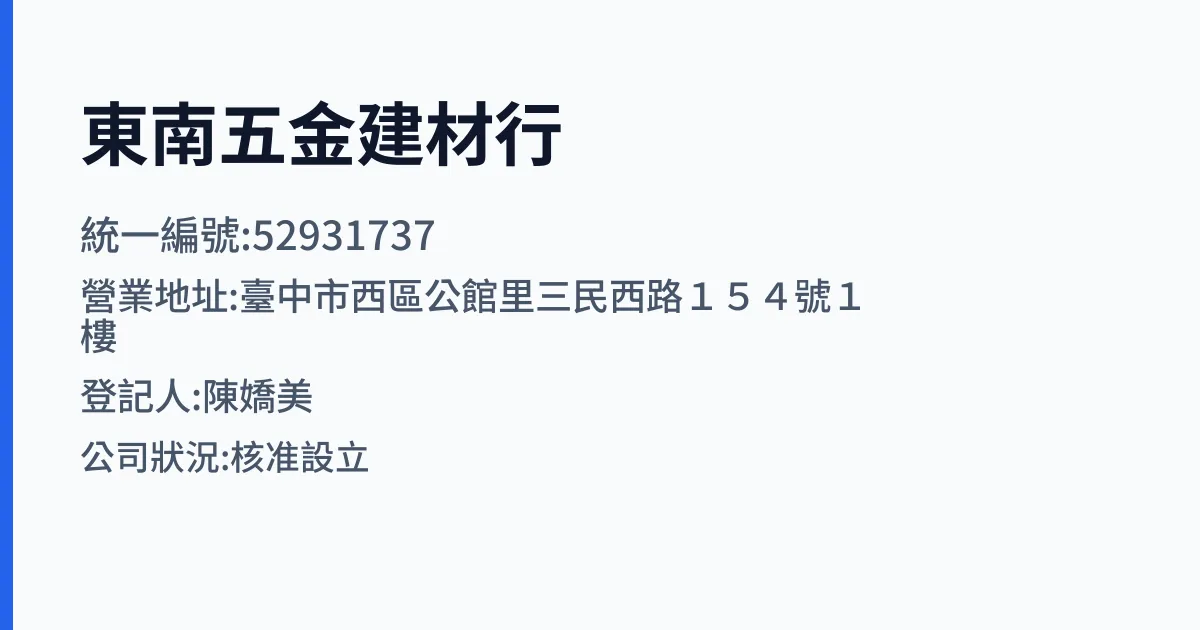 東南五金建材行 - 統編 52931737（臺中市） 公司登記資料與營業項目詳細圖表