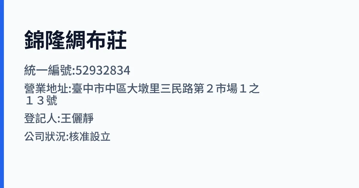 錦隆綢布莊 - 統編 52932834(臺中市) 公司登記資料與營業項目詳細圖表