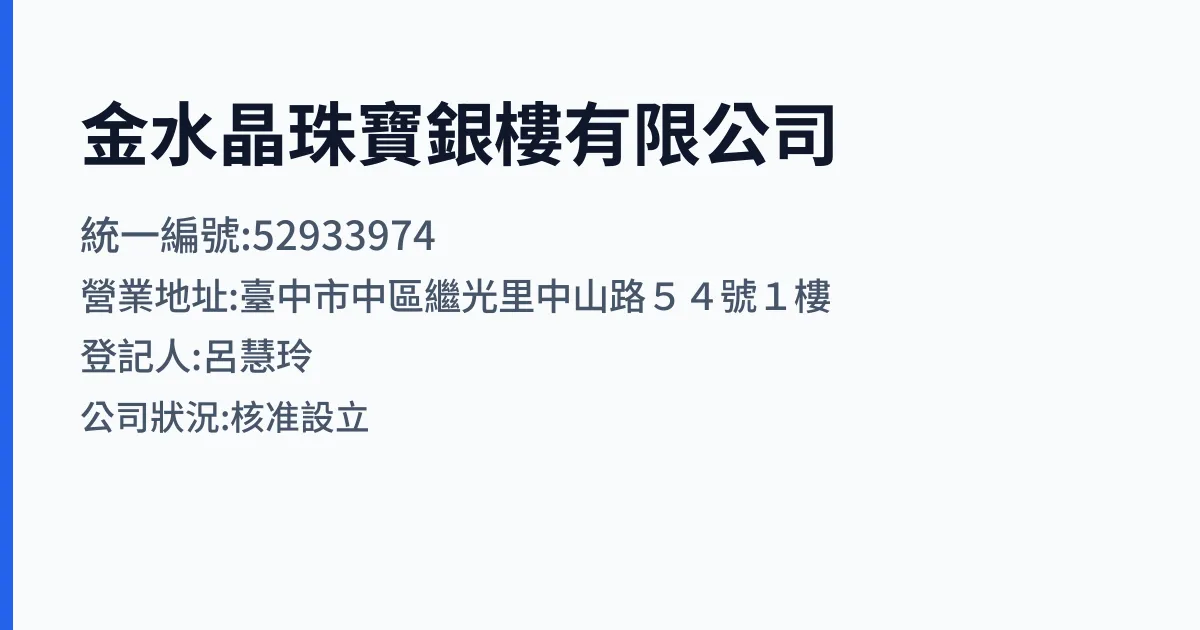 金水晶珠寶銀樓有限公司 - 統編 52933974(臺中市) 公司登記資料與營業項目詳細圖表