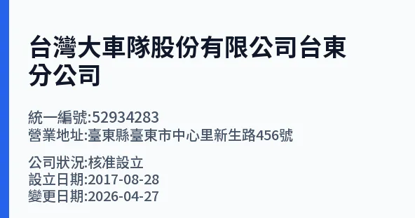台灣大車隊股份有限公司台東分公司的照片-統編 52934283(臺東縣) 公司登記資料與營業項目詳細圖表
