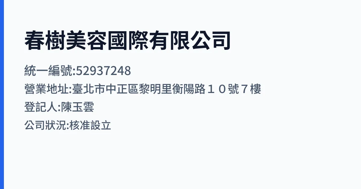 春樹美容國際有限公司 - 統編 52937248(臺北市) 公司登記資料與營業項目詳細圖表