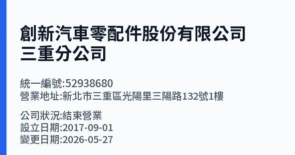 創新汽車零配件股份有限公司三重分公司的照片-統編 52938680(新北市) 公司登記資料與營業項目詳細圖表
