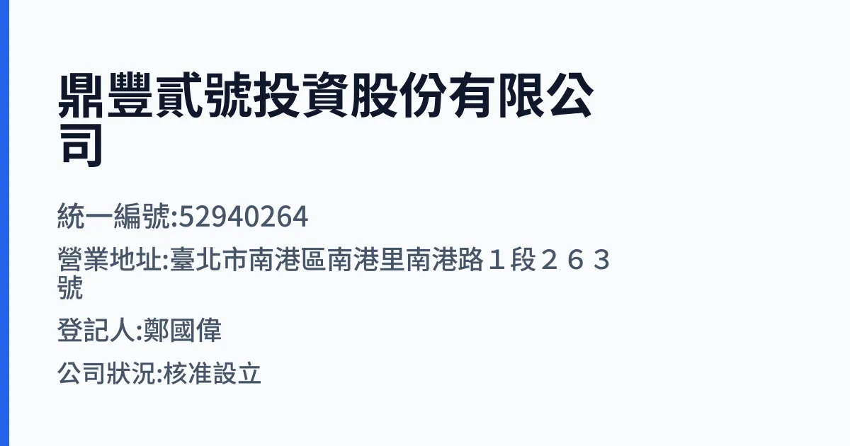 鼎豐貳號投資股份有限公司 - 統編 52940264(臺北市) 公司登記資料與營業項目詳細圖表