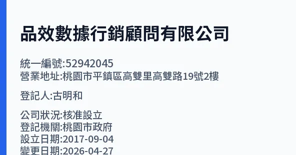 品效數據行銷顧問有限公司的照片-統編 52942045(桃園市) 公司登記資料與營業項目詳細圖表