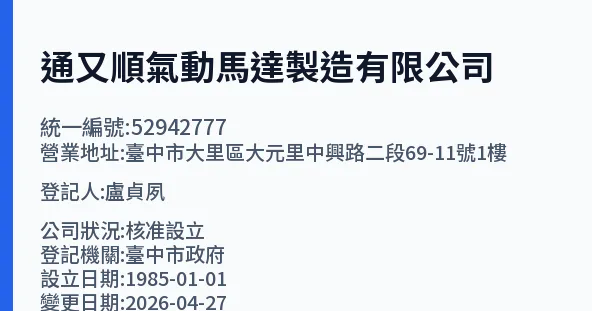 通又順氣動馬達製造有限公司的照片-統編 52942777(臺中市) 公司登記資料與營業項目詳細圖表