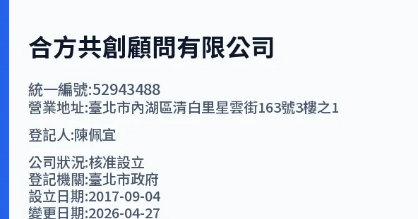 合方共創顧問有限公司的照片-統編 52943488(臺北市) 公司登記資料與營業項目詳細圖表