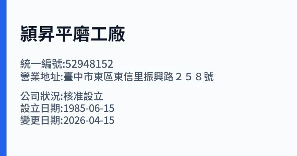 頴昇平磨工廠的照片-統編 52948152(臺中市) 公司登記資料與營業項目詳細圖表