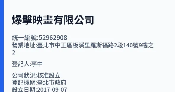 爆擊映畫有限公司的照片-統編 52962908(臺北市) 公司登記資料與營業項目詳細圖表